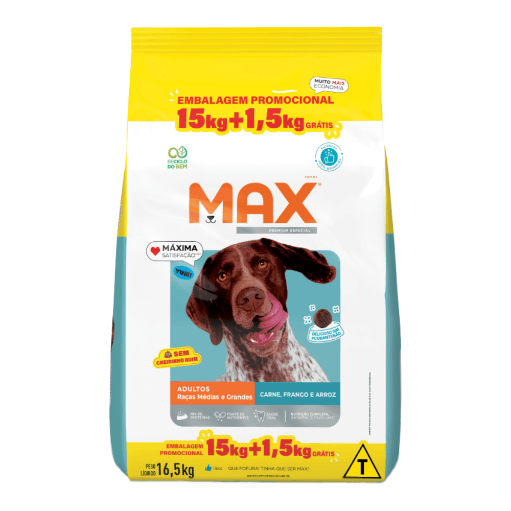 Ração Max para Cães Adultos Raças Médias e Grandes Carne, Frango e Arroz